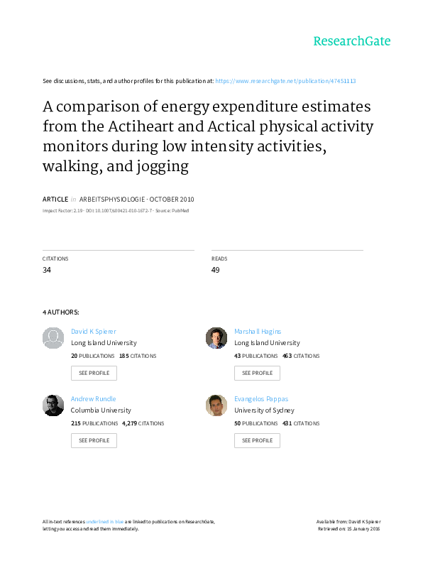 (PDF) A comparison of energy expenditure estimates from the Actiheart ...
