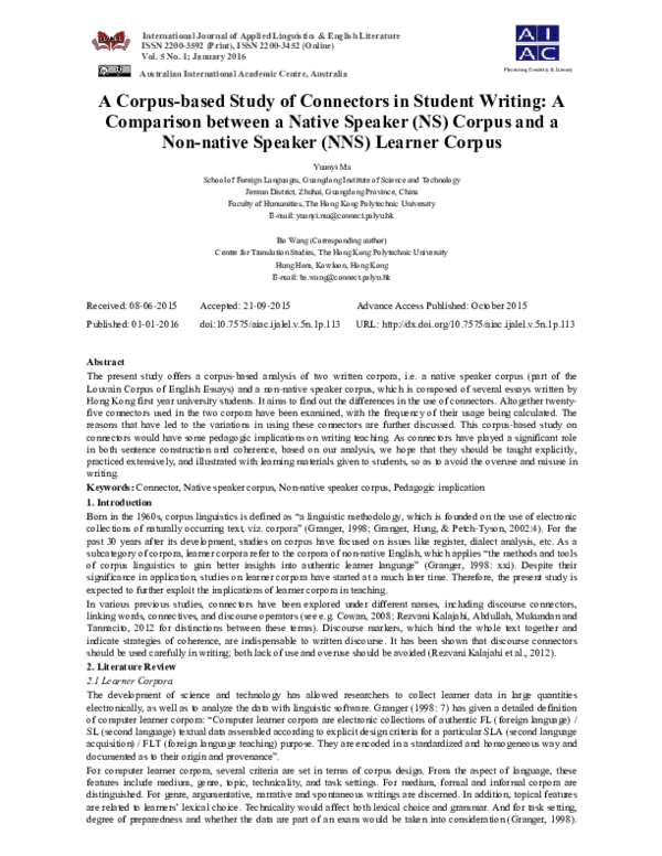 (PDF) A Corpus-based Study of Connectors in Student Writing: A Comparison between a Native ...