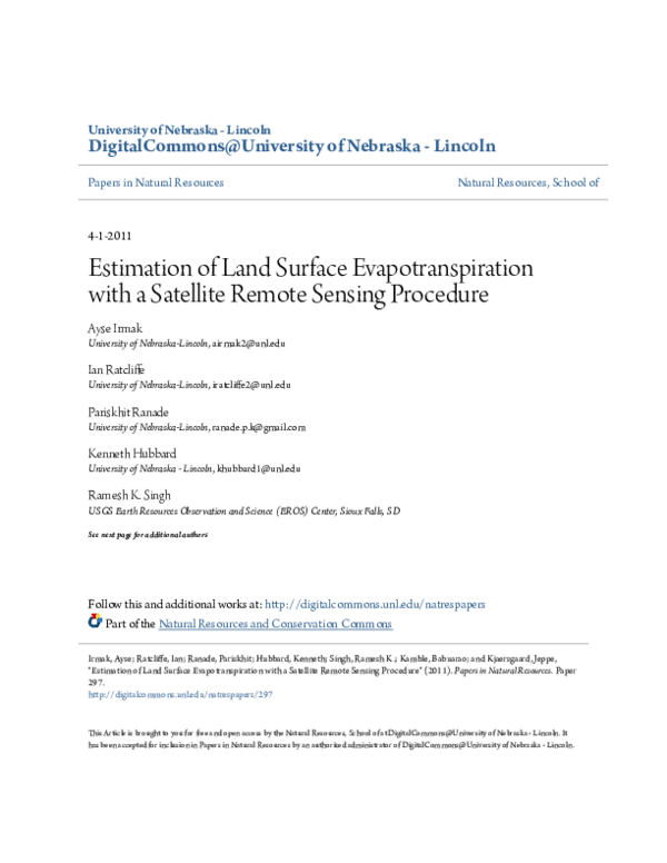 Pdf Estimation Of Land Surface Evapotranspiration With A Satellite Remote Sensing Procedure