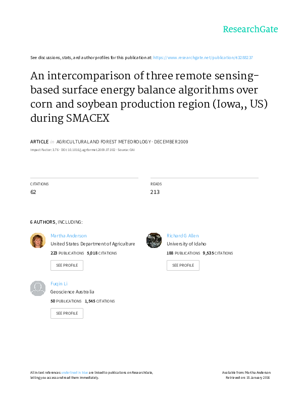 (PDF) An intercomparison of three remote sensing-based surface energy balance algorithms over a ...