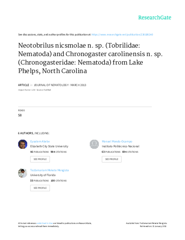 (PDF) Neotobrilus nicsmolae n. sp. (Tobrilidae: Nematoda) and ...