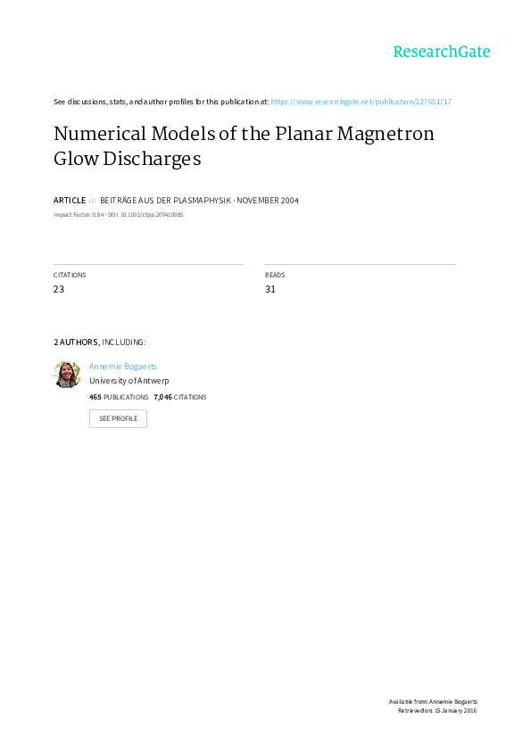 (PDF) Numerical Models of the Planar Magnetron Glow Discharges