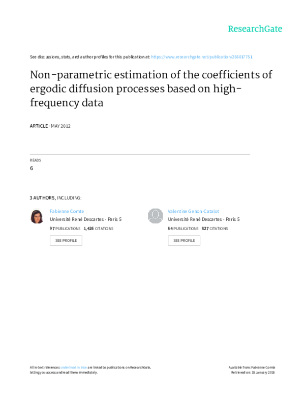 Pdf Non Parametric Estimation Of The Coefficients Of Ergodic Diffusion Processes Based On High