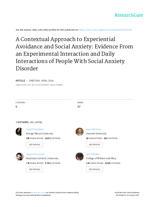 (PDF) A contextual approach to experiential avoidance and social ...