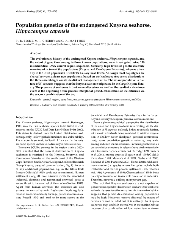 (PDF) Genetic Diversity in Endangered Knysna Seahorse