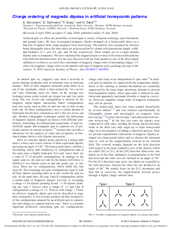 (PDF) Charge ordering of magnetic dipoles in artificial honeycomb patterns