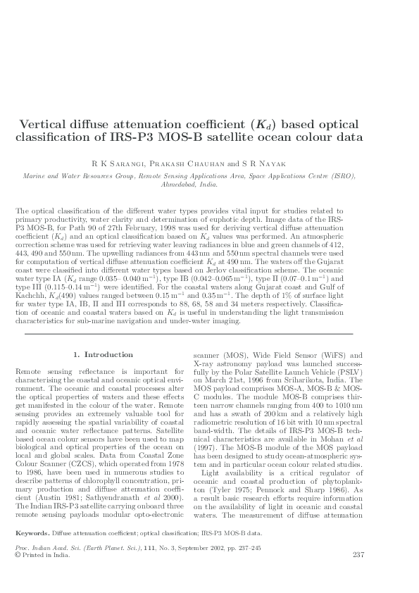 (PDF) Vertical diffuse attenuation coefficient (Kd) based optical classification of IRS-P3 MOS-B ...