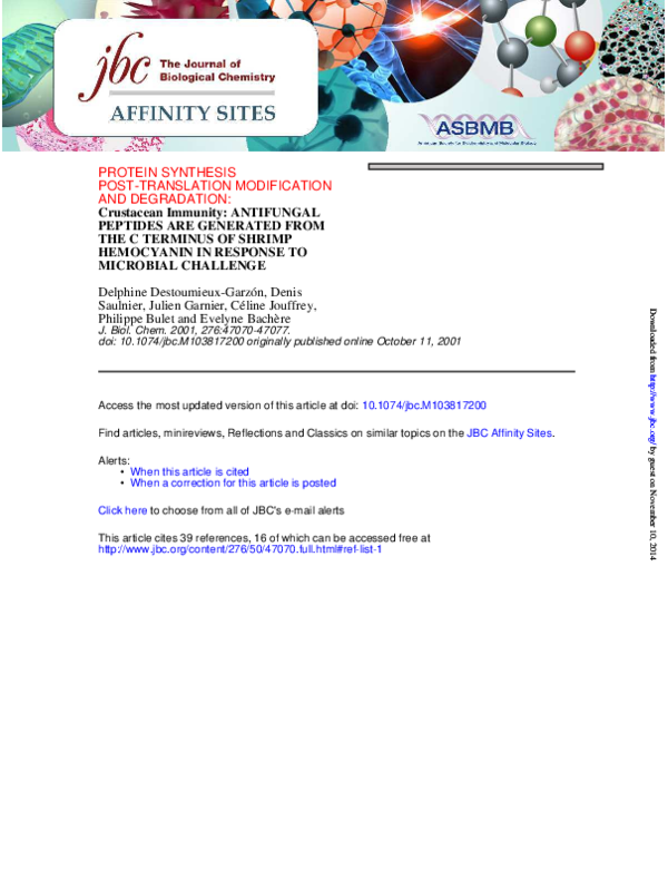 (PDF) Crustacean Immunity. ANTIFUNGAL PEPTIDES ARE GENERATED FROM THE C ...