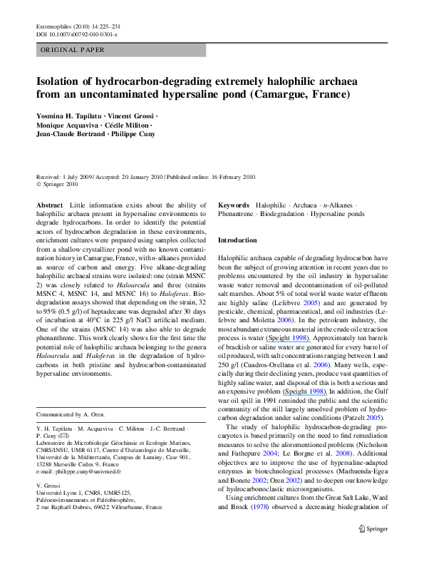 (PDF) Isolation of hydrocarbon-degrading extremely halophilic archaea from an uncontaminated ...