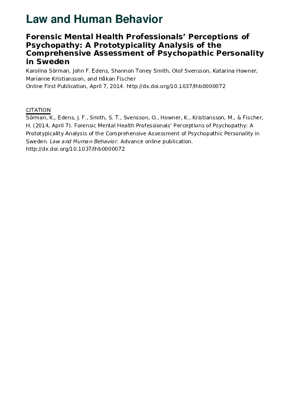 (PDF) Forensic mental health professionals’ perceptions of psychopathy ...