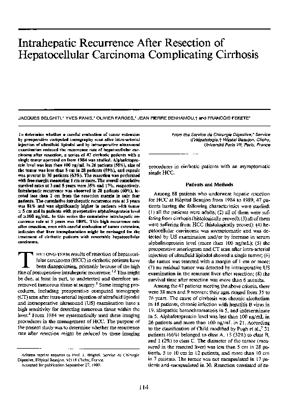 Pdf Intrahepatic Recurrence After Resection Of Hepatocellular Carcinoma Complicating Cirrhosis