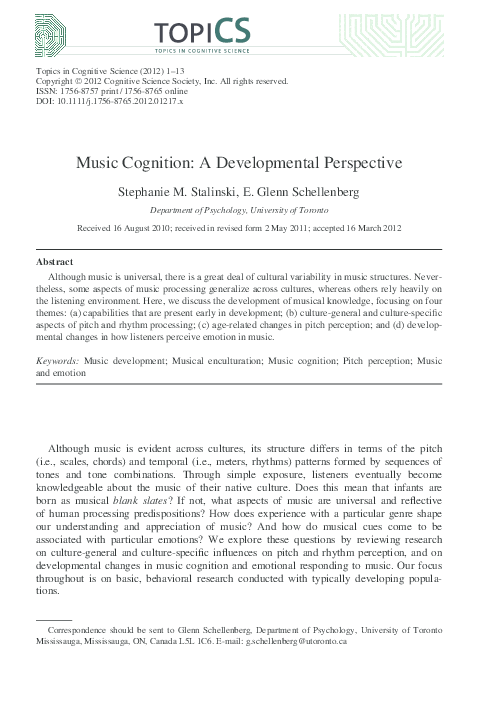 (PDF) Music Cognition: A Developmental Perspective