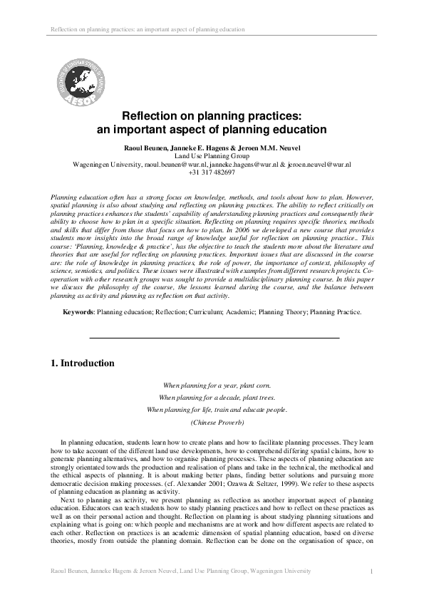 (PDF) Reflection on planning practices: an important aspect of planning ...