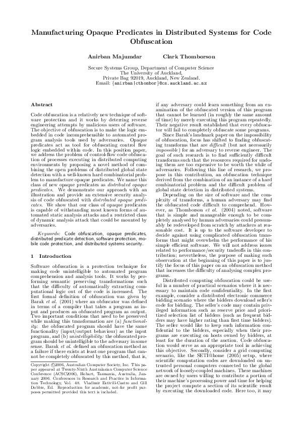 Manufacturing opaque predicates in distributed systems for code obfuscation
