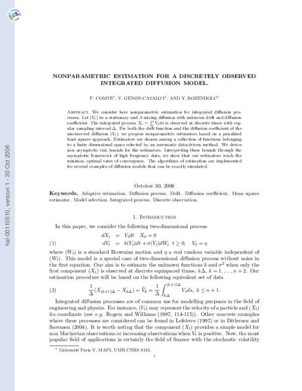 (PDF) Nonparametric estimation for a discretely observed integrated diffusion model | Fabienne ...