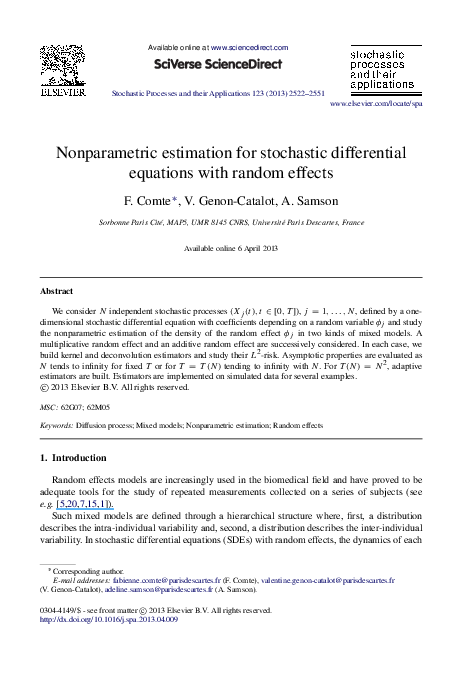 (PDF) Nonparametric estimation for stochastic differential equations ... (PDF) Nonparametric estimation for stochastic differential equations ...
