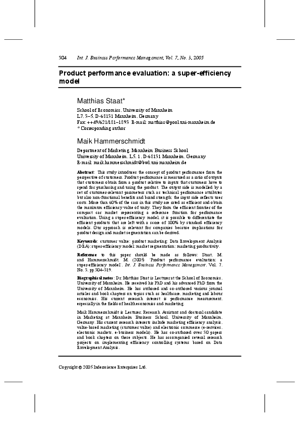 (PDF) Product performance evaluation: a super-efficiency model