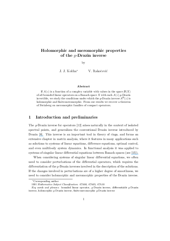 Holomorphic and meromorphic properties of the g-Drazin inverse