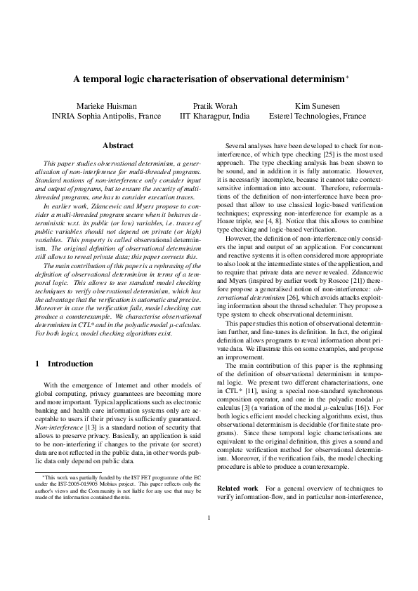 (PDF) A Temporal Logic Characterisation of Oservational Determinism