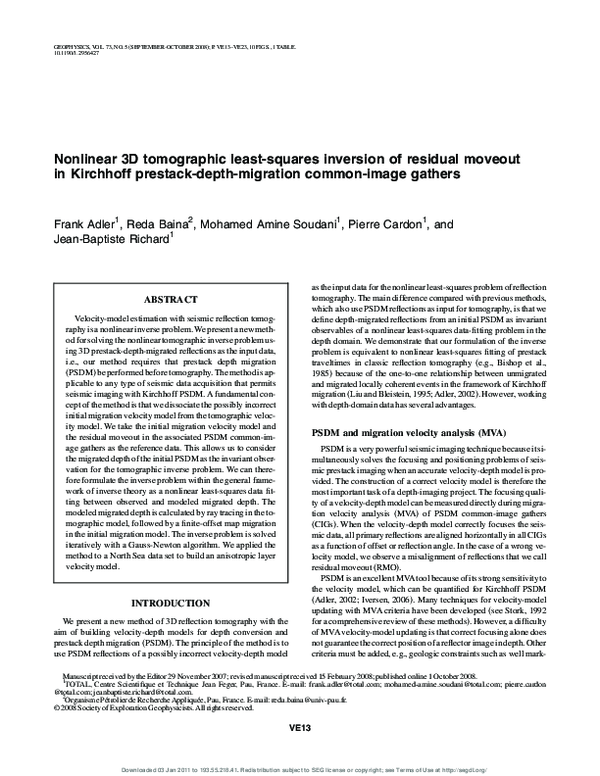 (PDF) Nonlinear 3D tomographic least-squares inversion of residual moveout in Kirchhoff prestack ...