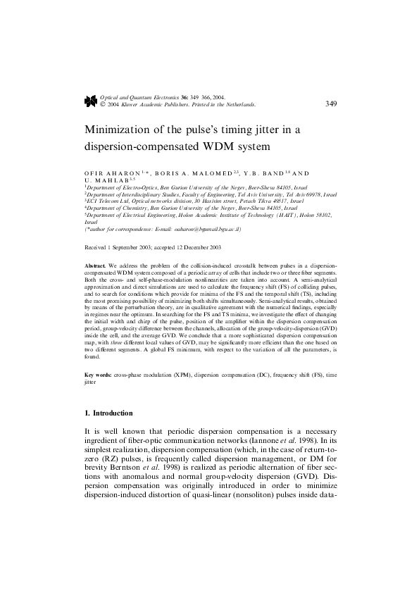 Pdf Minimization Of The Pulses Timing Jitter In A Dispersion Compensated Wdm System