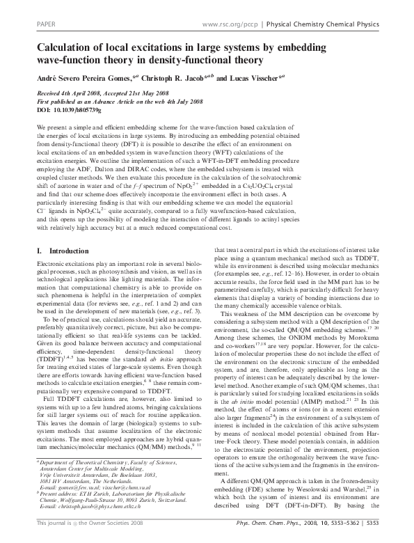 (PDF) Calculation of local excitations in large systems by embedding wave-function theory in ...