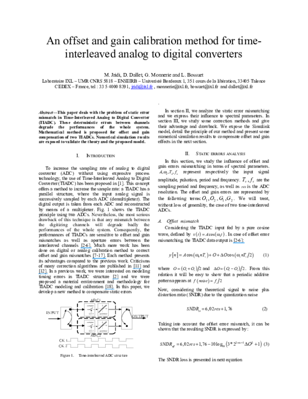 Pdf An Offset And Gain Calibration Method For Time Interleaved Analog To Digital Converters