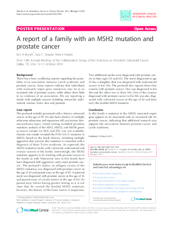 (PDF) A report of a family with an MSH2 mutation and prostate cancer