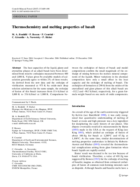 (PDF) Thermochemistry and melting properties of basalt