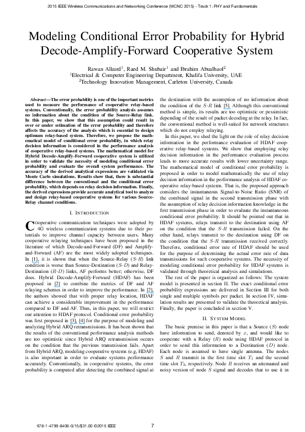 (PDF) Modeling Conditional Error Probability for Hybrid Decode-Amplify-Forward Cooperative System