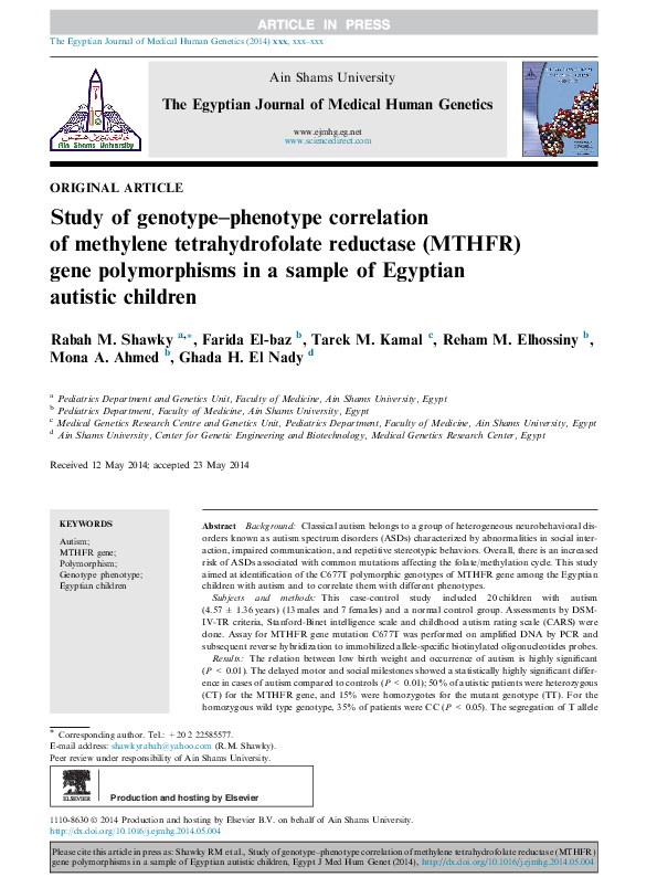 (PDF) Study of genotype–phenotype correlation of methylene tetrahydrofolate reductase (MTHFR ...