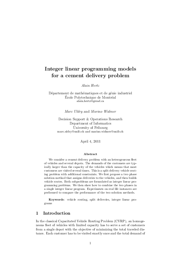 (PDF) Integer linear programming models for a cement delivery problem