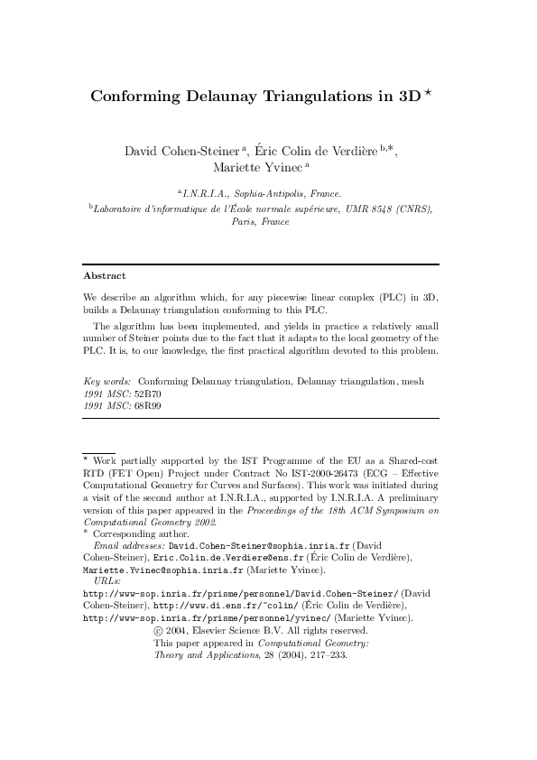 (PDF) Conforming Delaunay triangulations in 3D | Mariette Yvinec - Academia.edu