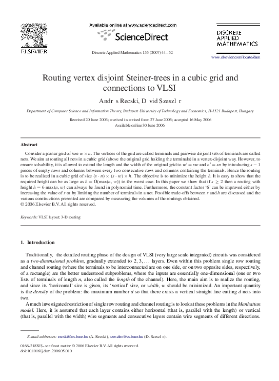 (PDF) Routing vertex disjoint Steiner-trees in a cubic grid and connections to VLSI