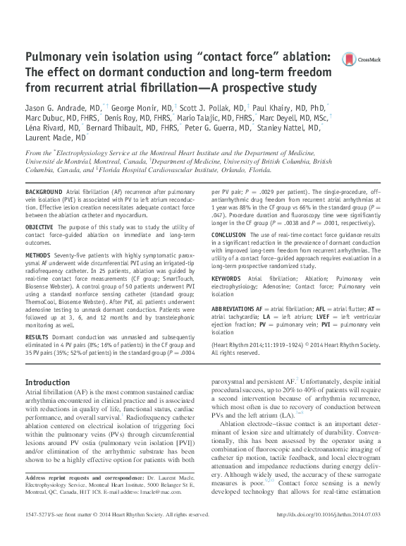 (PDF) Pulmonary vein isolation using “contact force” ablation: The effect on dormant conduction ...