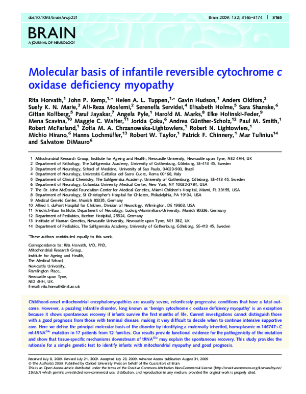 (PDF) Molecular basis of infantile reversible cytochrome c oxidase ...
