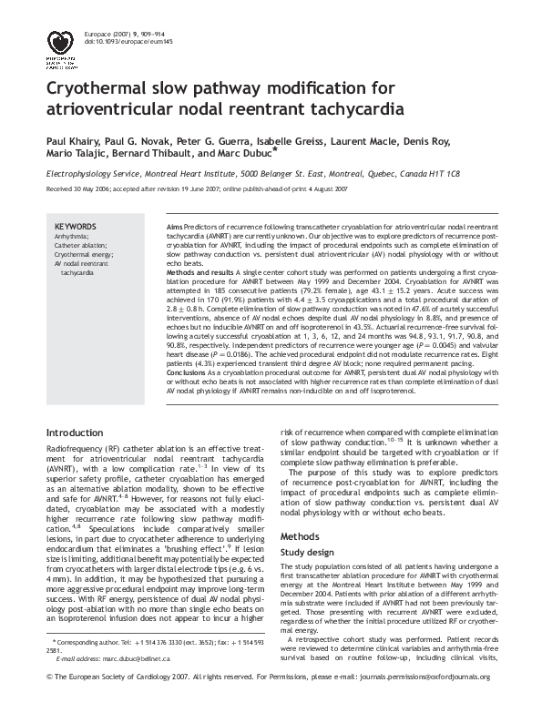 (PDF) Cryothermal slow pathway modification for atrioventricular nodal ...