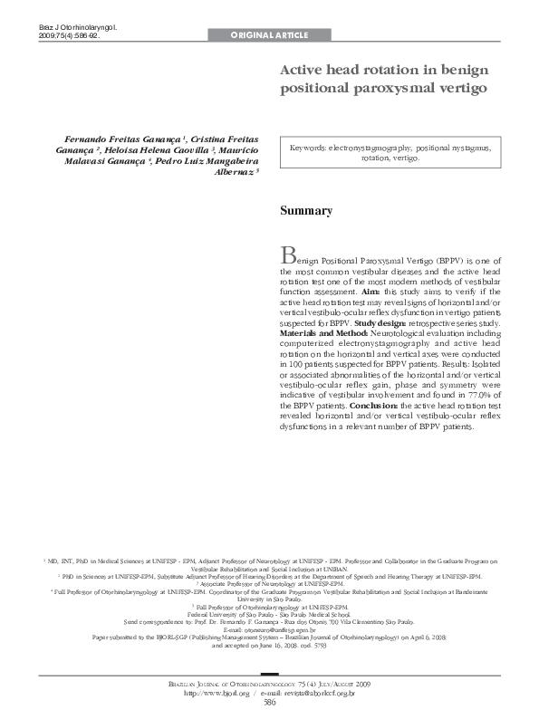 (PDF) Active head rotation in benign positional paroxysmal vertigo