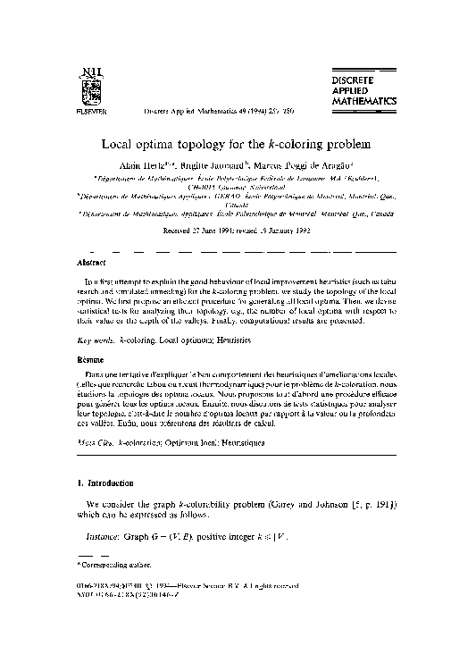 (PDF) Local optima topology for the k-coloring problem | Alain Hertz ...