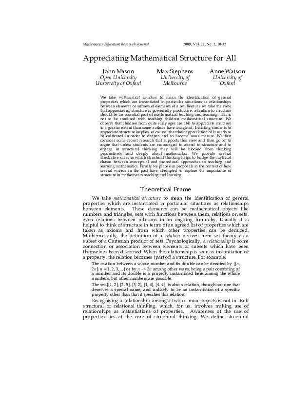 (PDF) Appreciating mathematical structure for all