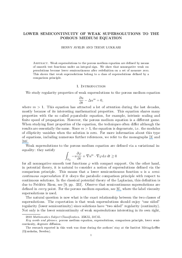(PDF) Lower semicontinuity of weak supersolutions to the porous medium equation