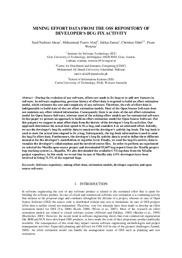 Pdf Mining Effort Data From The Oss Repository Of Developers Bug Fix Activity