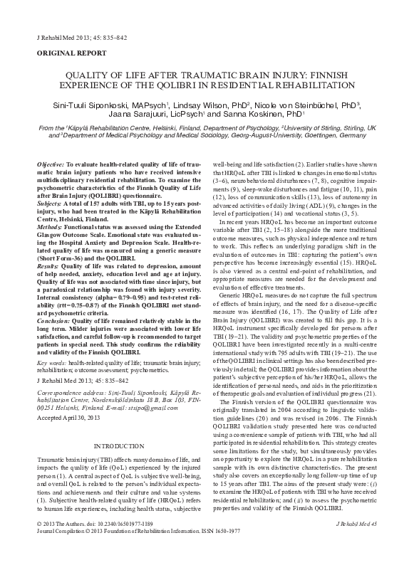 (PDF) Quality of life after traumatic brain injury: Finnish experience ...