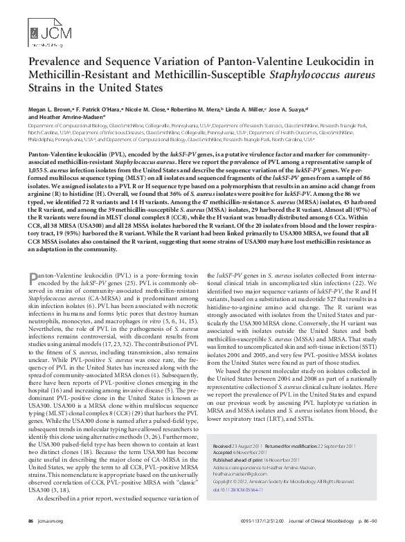 (PDF) Prevalence and Sequence Variation of Panton-Valentine Leukocidin in Methicillin-Resistant ...