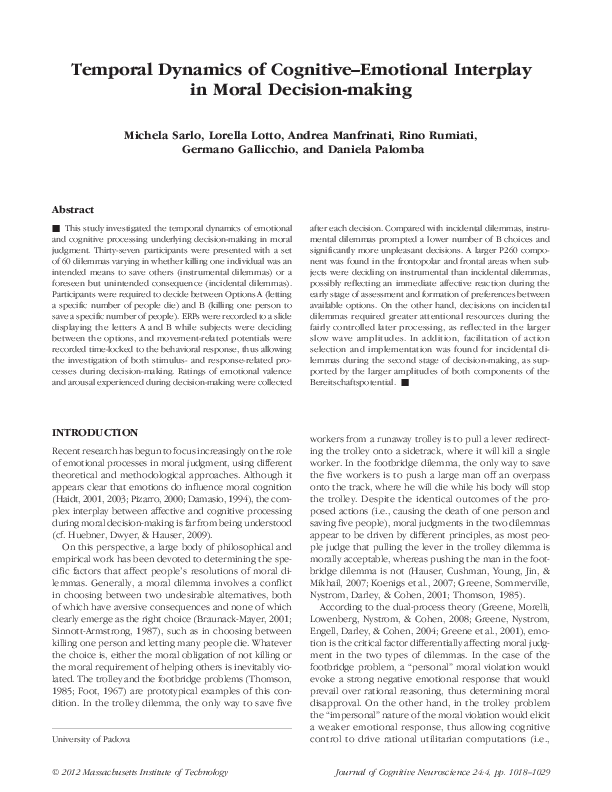 (PDF) Temporal Dynamics of Cognitive–Emotional Interplay in Moral Decision-making