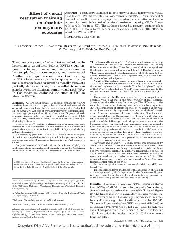 (PDF) Effect of visual restitution training on absolute homonymous scotomas