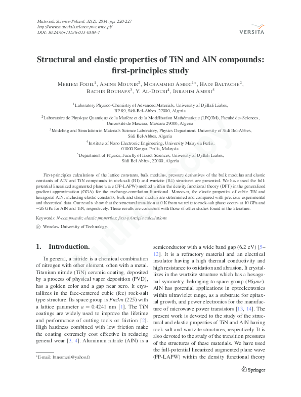 (PDF) Structural and elastic properties of TiN and AlN compounds: first-principles study
