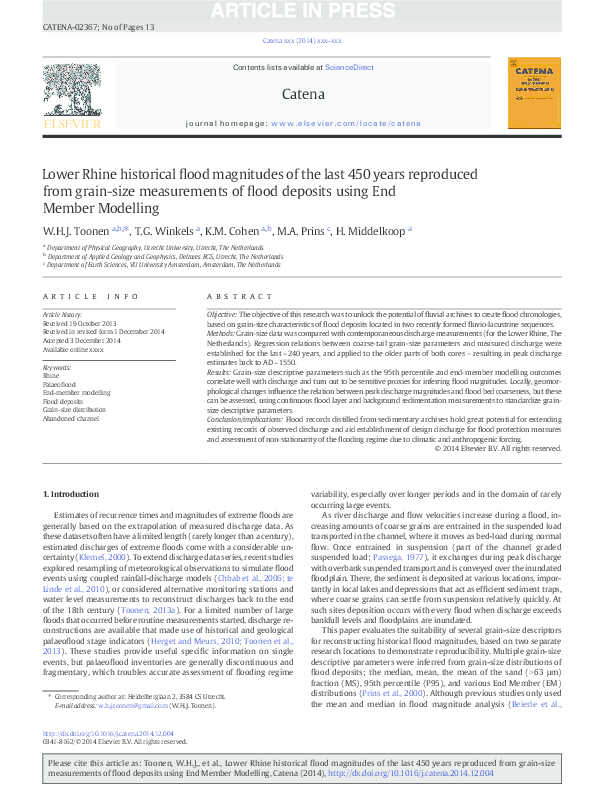 (PDF) Lower Rhine historical flood magnitudes of the last 450 years reproduced from grain-size ...