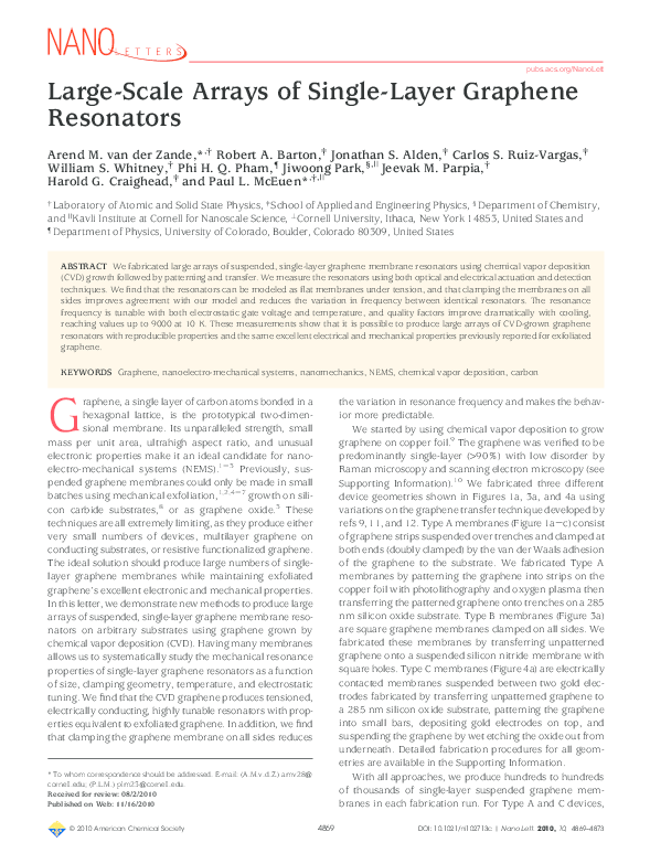 (PDF) Large-Scale Arrays of Single-Layer Graphene Resonators | Paul McEuen - Academia.edu