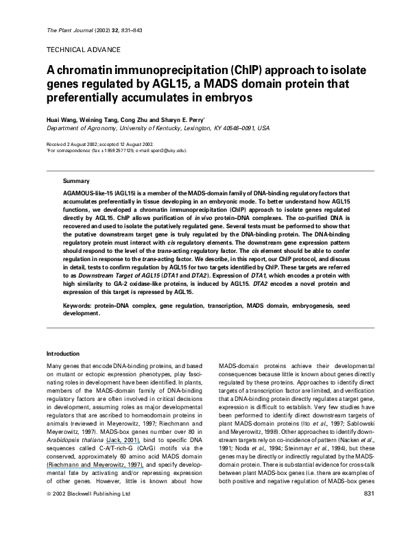 (PDF) A chromatin immunoprecipitation (ChIP) approach to isolate genes regulated by AGL15, a ...